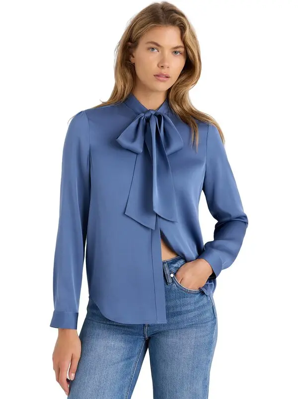 Quince Washable Stretch Silk Tie Neck Blouse - Moonstone Blue