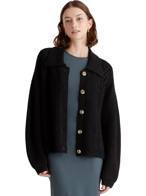 Quince Australian Merino Wool Collared Cable Knit Cardigan - Black