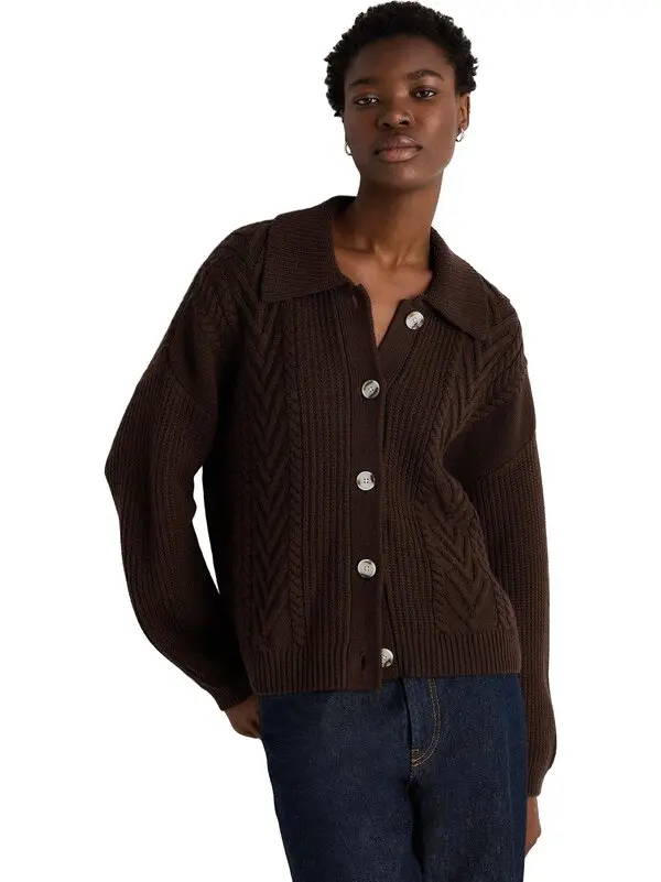 Quince Australian Merino Wool Collared Cable Cardigan - Coffee Bean Brown