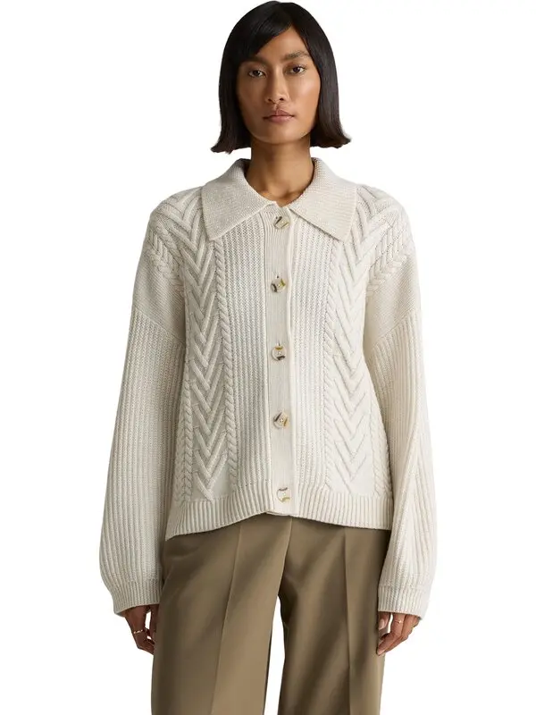 Quince Australian Merino Wool Collared Cable Knit Cardigan - Heather Bone