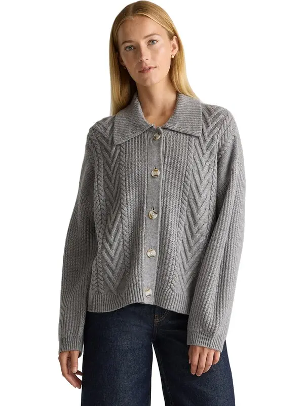 Quince Australian Merino Wool Collared Cable Knit Cardigan - Heather Grey