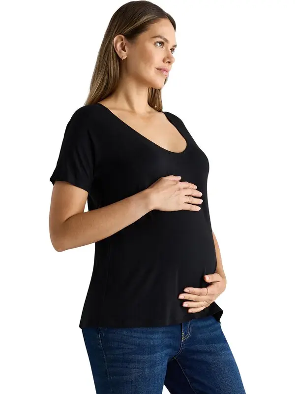 Quince Bamboo Jersey Maternity V-neck T-shirt - Black/black White Stripe