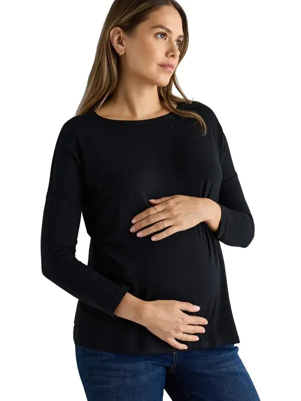 Quince Bamboo Jersey Maternity Long Sleeve T-shirt - Black/black White Stripe