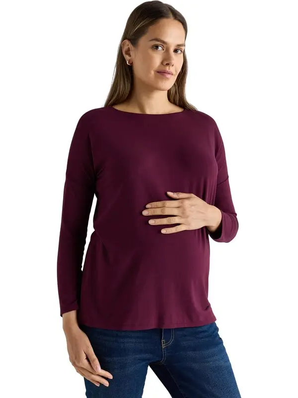 Quince Bamboo Jersey Maternity Dolman Sleeve T-shirt - Wine Tasting Red/nocturnal Green