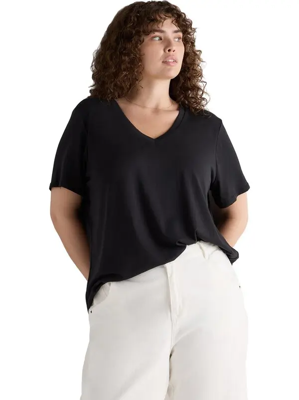 Quince Cotton Modal V Neck T-shirt - Black