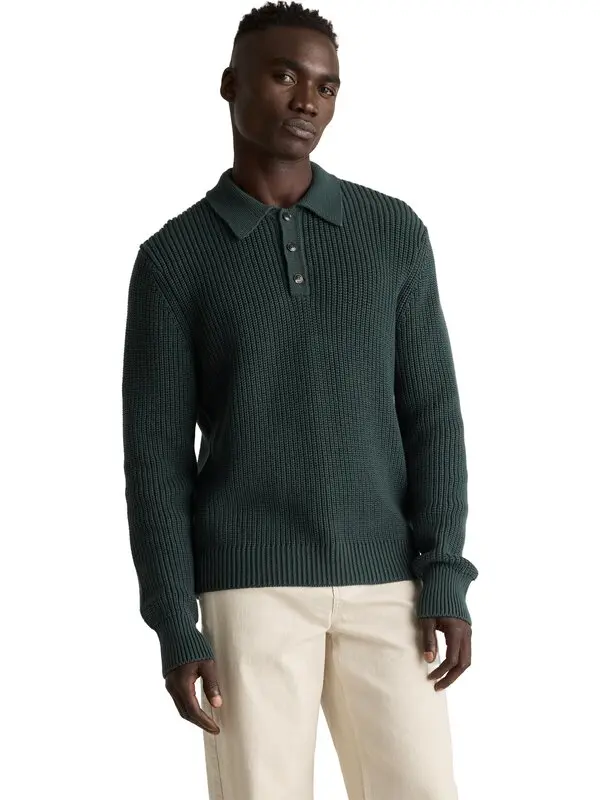 Quince Fisherman Polo Sweater - Dark Spruce