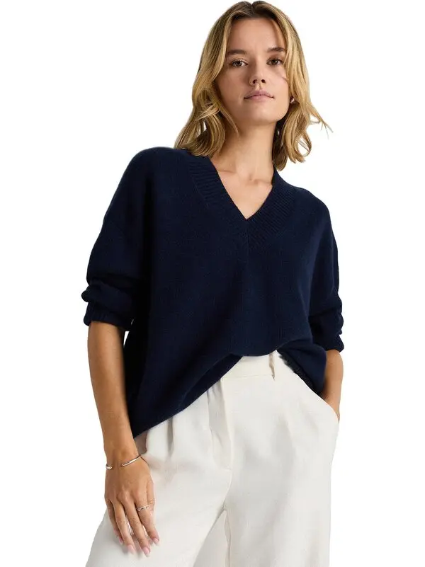 Quince Mongolian Cashmere V-neck Sweater - True Navy