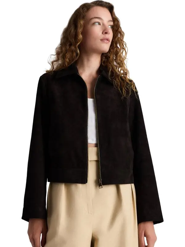 Quince Suede Cropped Zip-front Jacket - Charcoal Black