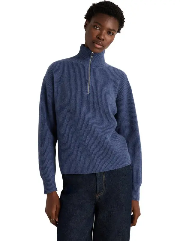 Quince Cashmere Fisherman Quarter Zip Sweater - Heather Storm Blue