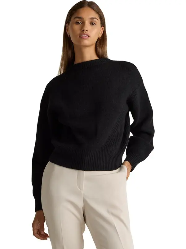 Quince 100% Yak Wool Pointelle Relaxed Crew Neck Sweater - Black