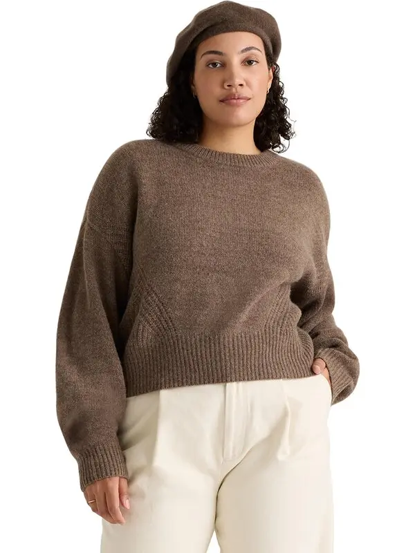 Quince 100% Yak Wool Pointelle Relaxed Crew Neck Sweater - Heather Brown