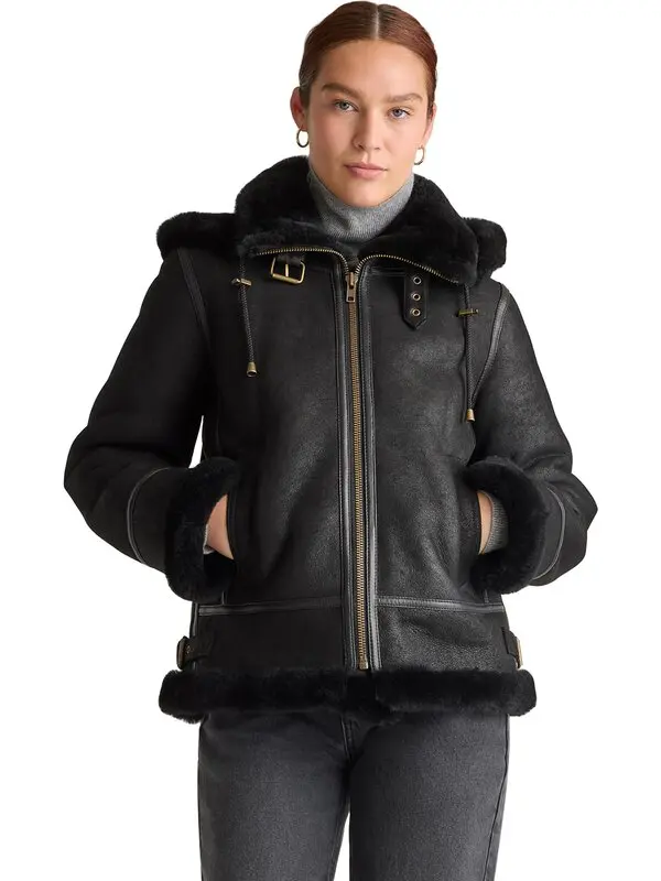 Quince Shearling Bomber Jacket - Black