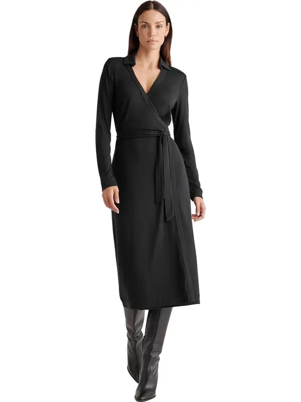 Quince 100% Silk Jersey Midi Wrap Dress - Black