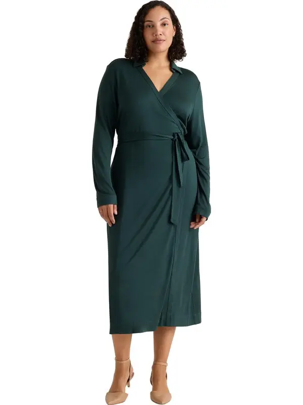 Quince 100% Silk Jersey Midi Wrap Dress - Evergreen