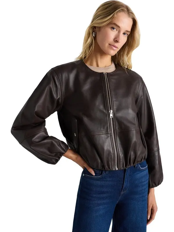 Quince Collarless Cropped Leather Jacket - Rich Brown