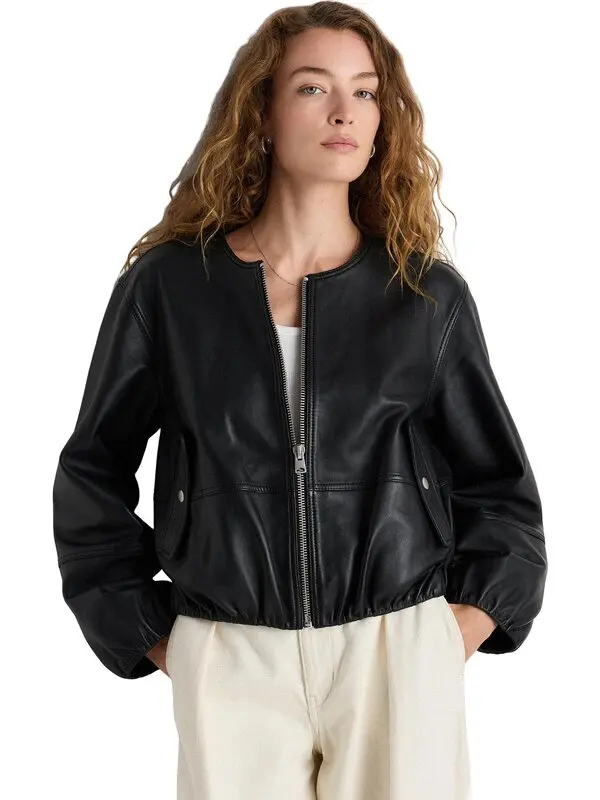 Quince Collarless Cropped Leather Jacket - True Black