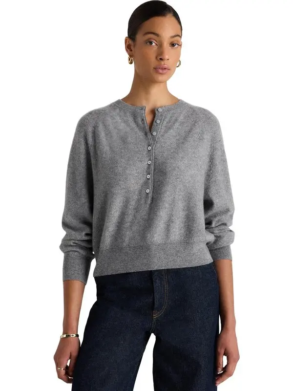 Quince Mongolian Cashmere Dolman Sleeve Henley Sweater - Heather Grey