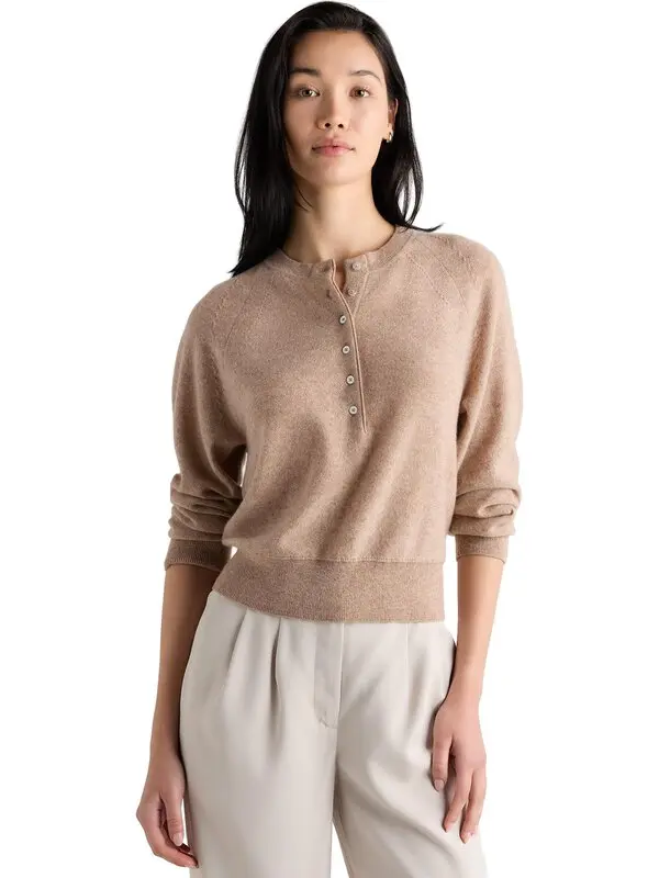Quince Cashmere Dolman Sleeve Henley Sweater - Oatmeal