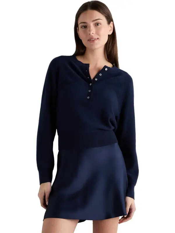 Quince Cashmere Dolman Sleeve Henley Sweater - True Navy