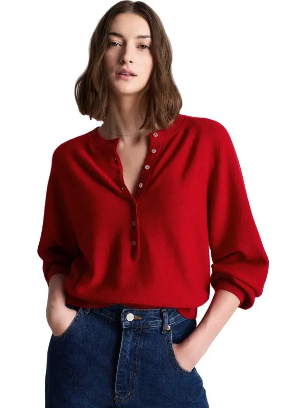 Quince Mongolian Cashmere Dolman Sleeve Henley Sweater - Varsity Red