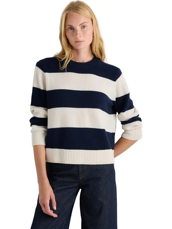 Quince Mongolian Cashmere Oversized Crewneck Sweater - True Navy/ivory Rugby Stripe