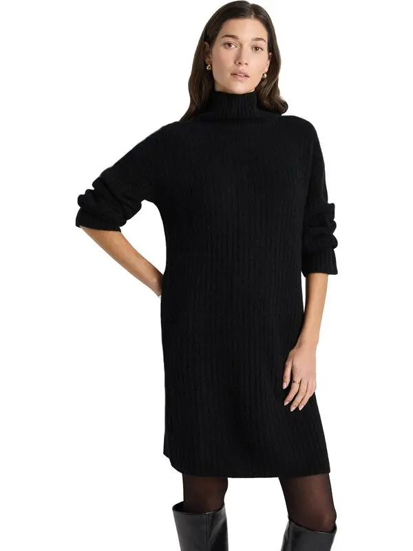 Quince Mongolian Cashmere Ribbed Turtleneck Mini Dress - Black
