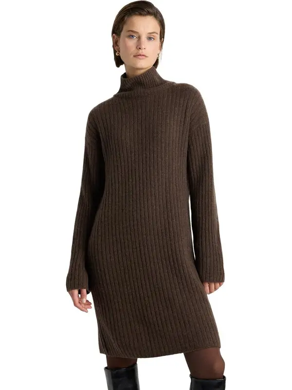 Quince Mongolian Cashmere Ribbed Turtleneck Mini Dress - Brown