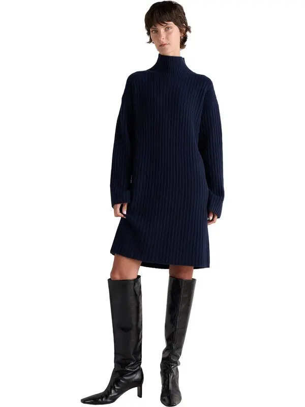 Quince Mongolian Cashmere Ribbed Turtleneck Mini Dress - True Navy