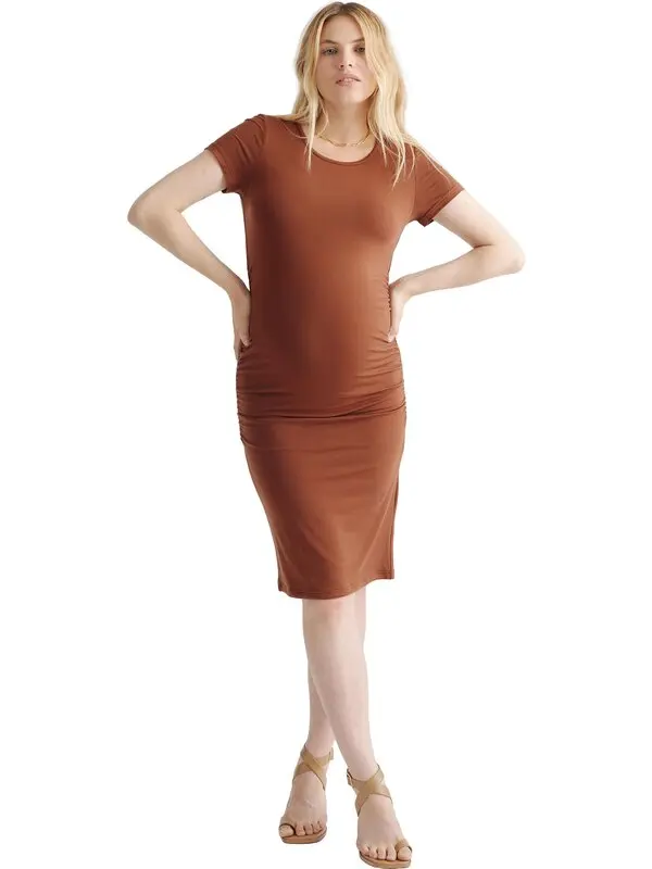 Quince Tencel Jersey Maternity Ruched Midi Dress - Brown