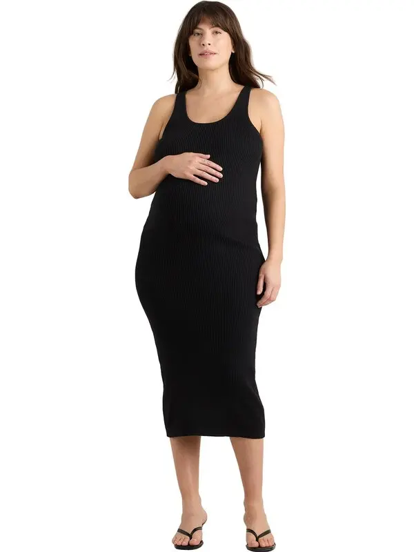 Quince Cotton Cashmere Maternity Fitted Midi Dress - Black