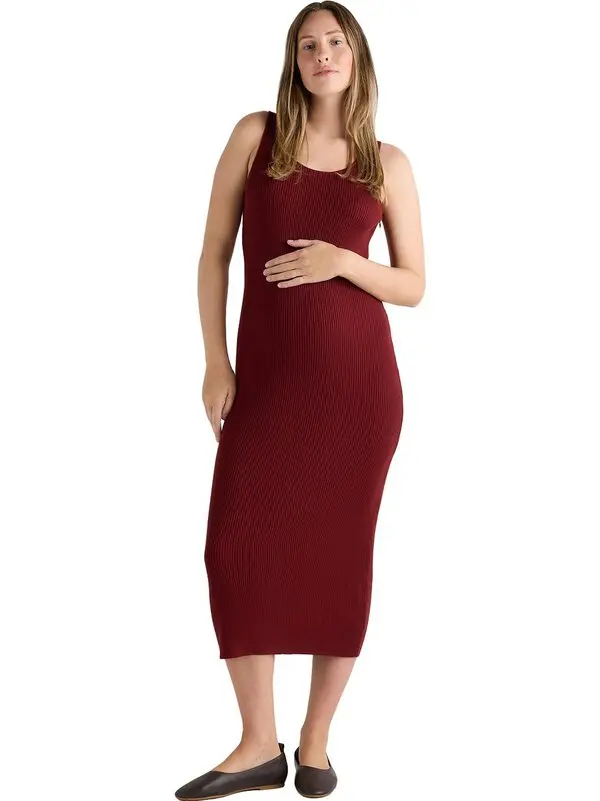 Quince Cotton Cashmere Maternity Fitted Midi Dress - Deep Brick Red