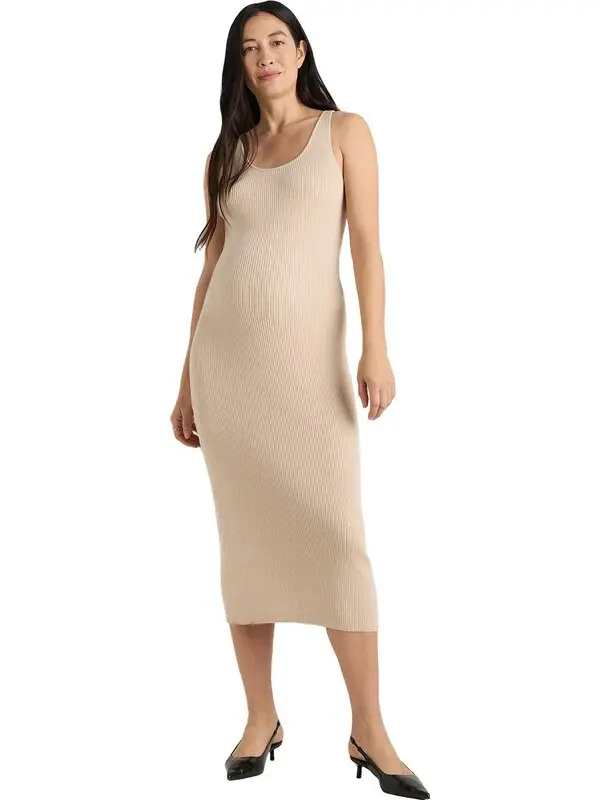 Quince Cotton Cashmere Maternity Fitted Midi Dress - Heather Oatmeal