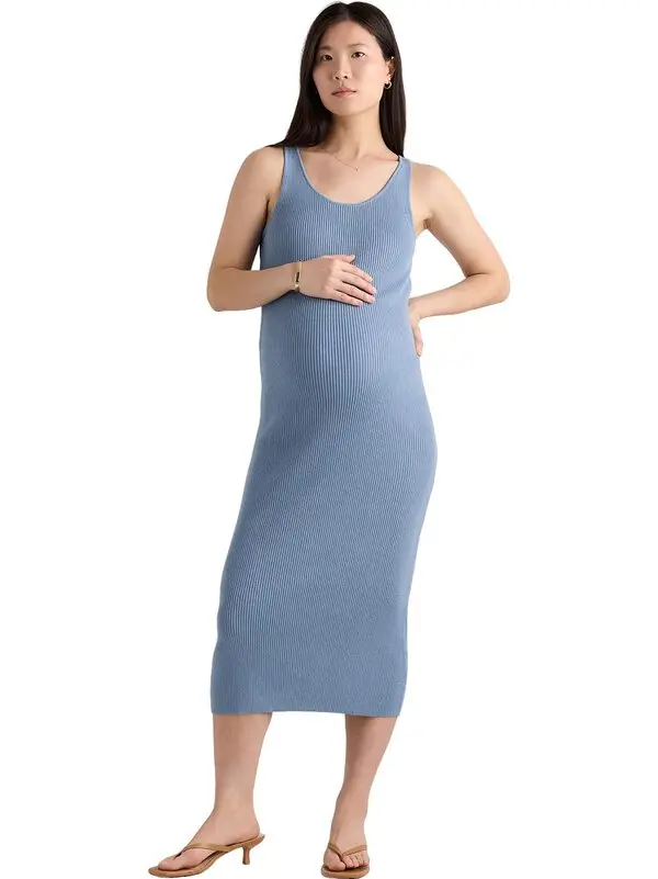 Quince Cotton Cashmere Maternity Fitted Midi Dress - Mountain Spring Blue