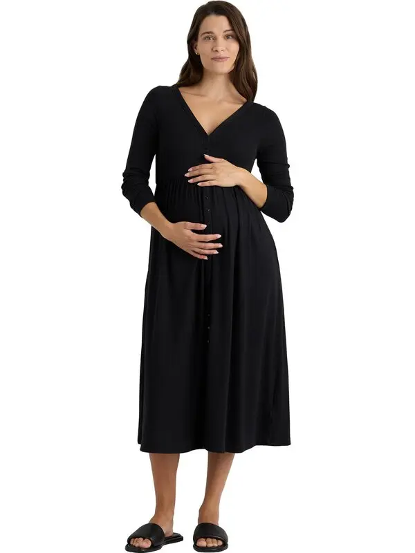 Quince Bamboo Rib Maternity Long Sleeve Button Front Midi Dress - Bold Black