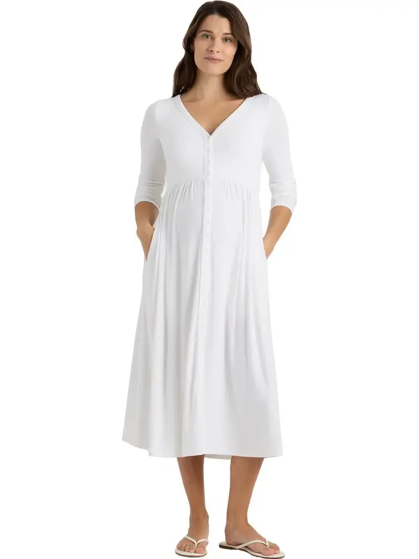 Quince Bamboo Rib Maternity Long Sleeve Button Front Midi Dress - Classic White