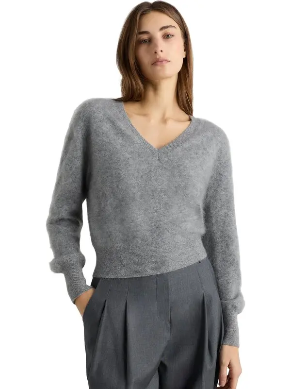 Quince Brushed Cashmere Shrunken V-neck Sweater - Heather Grey