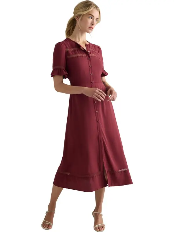 Quince Crepe Lace Inset Midi Dress - Maroon