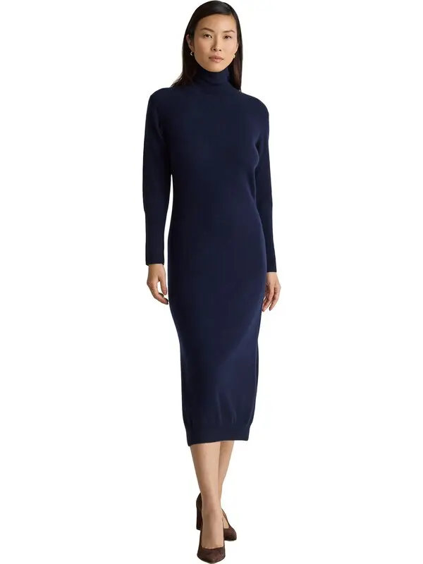 Quince Mongolian Cashmere Turtleneck Midi Sweater Dress - True Navy