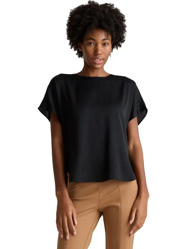 Quince Washable Stretch Silk Split Hem T-shirt - Black