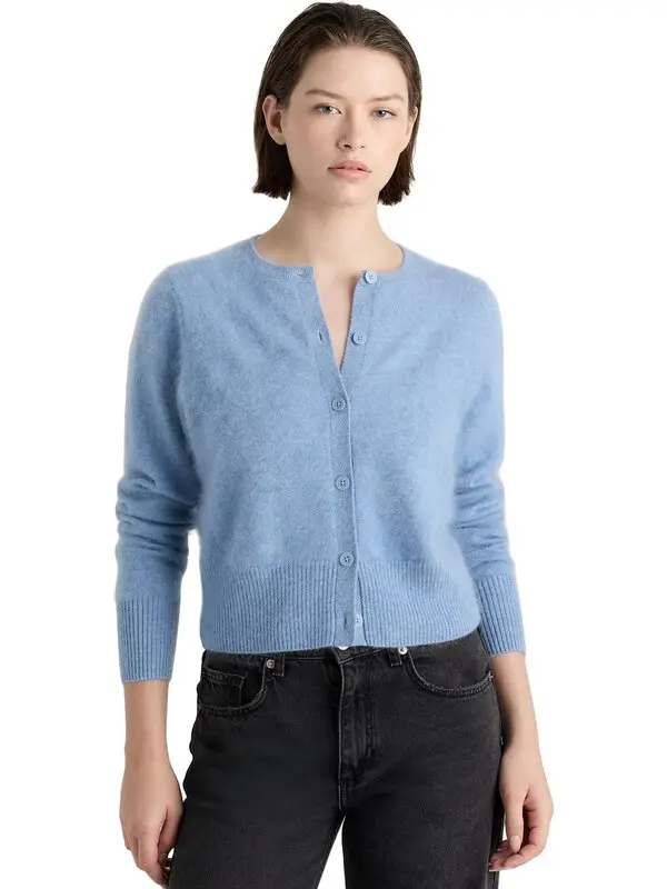 Quince Brushed Cashmere Cropped Crewneck Cardigan Sweater - Faded Denim