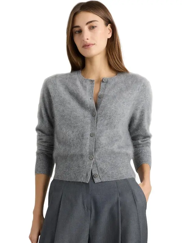 Quince Brushed Cashmere Cropped Crewneck Cardigan Sweater - Heather Grey