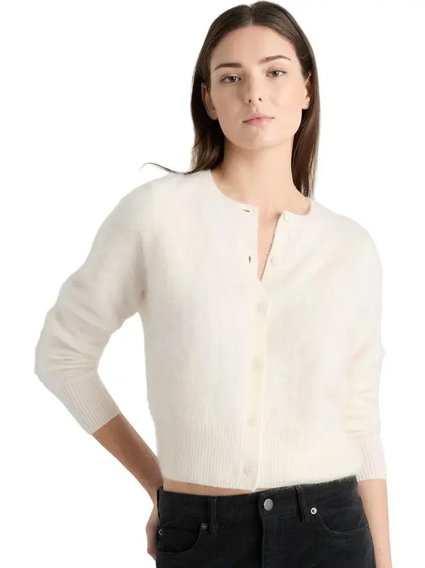 Quince Brushed Cashmere Cropped Crewneck Cardigan Sweater - Ivory