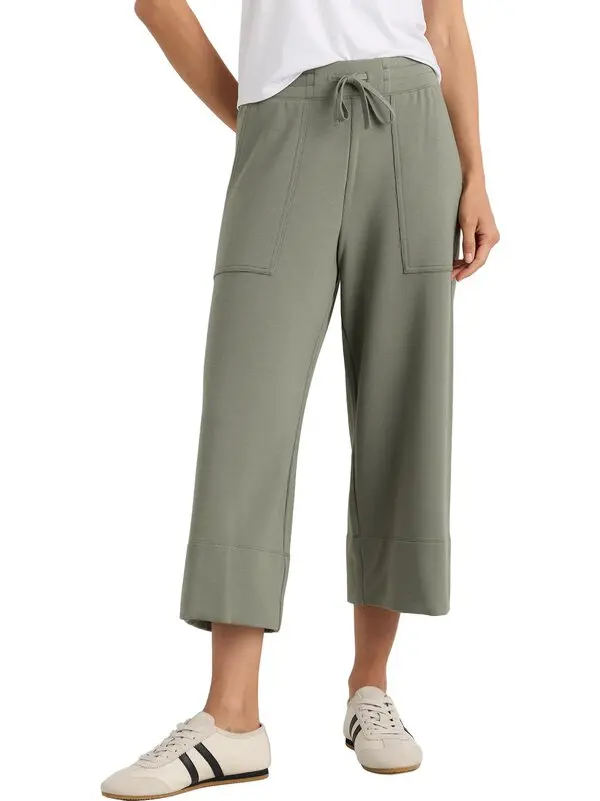 Quince Supersoft Fleece Cropped Wide Leg Pants - Smoked Thyme Green