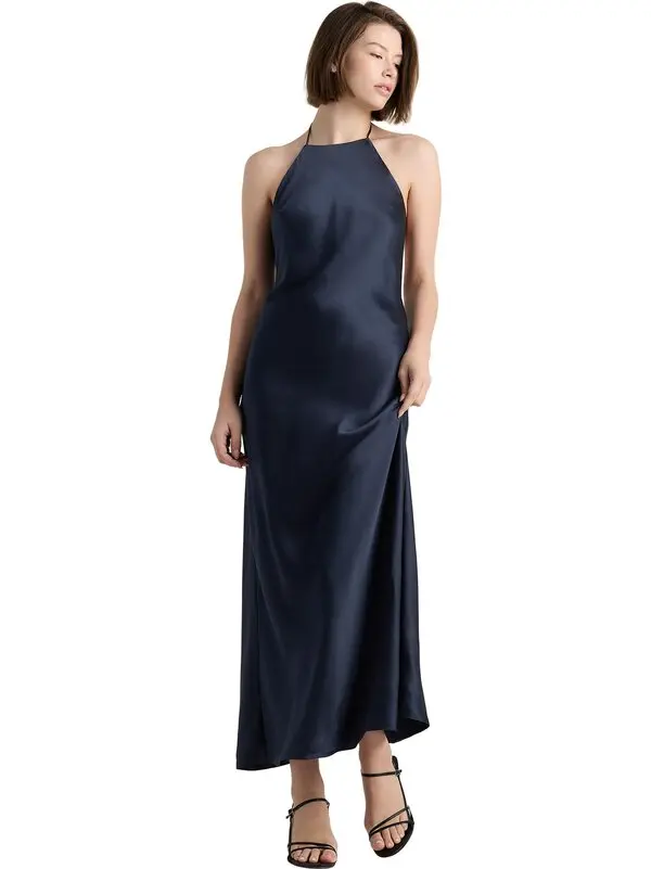 Quince Halter Neck Silk Maxi Dress - Navy