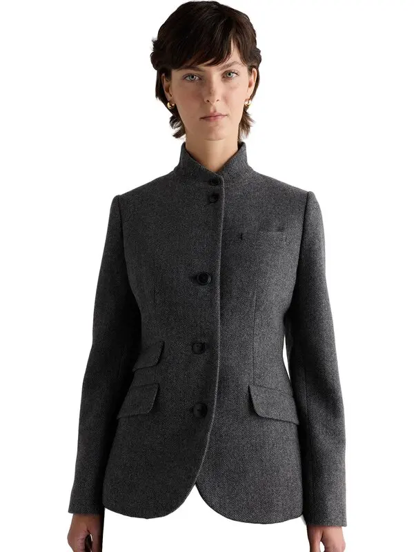 Quince Italian Wool Stand Collar Blazer - Grey Herringbone