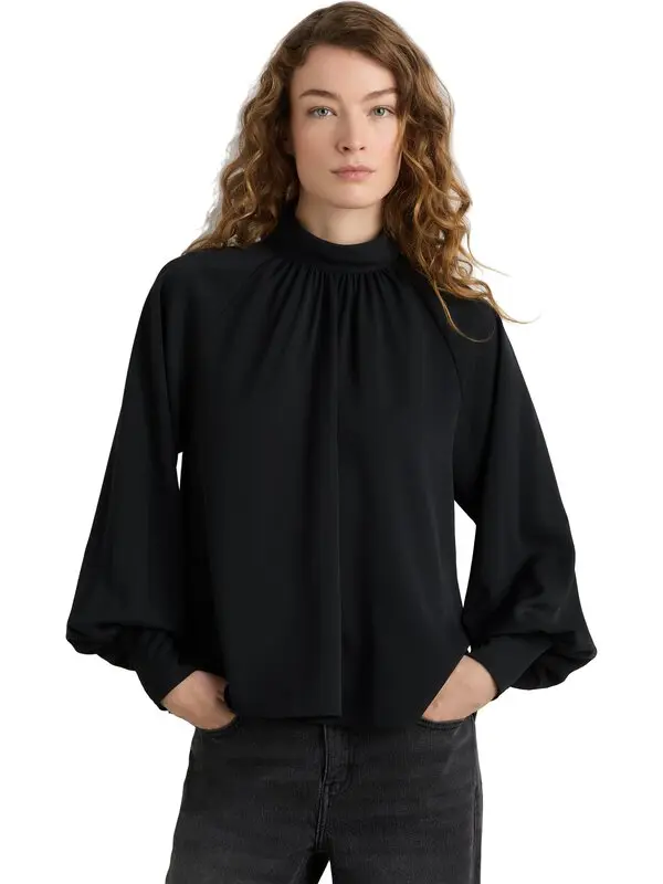 Quince Drapey Chiffon Mock Neck Blouse - True Black