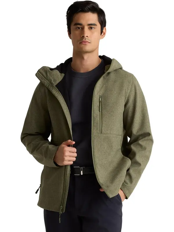 Quince Softshell Fleece-lined Full-zip Hooded Jacket - Heather Olive Oil
