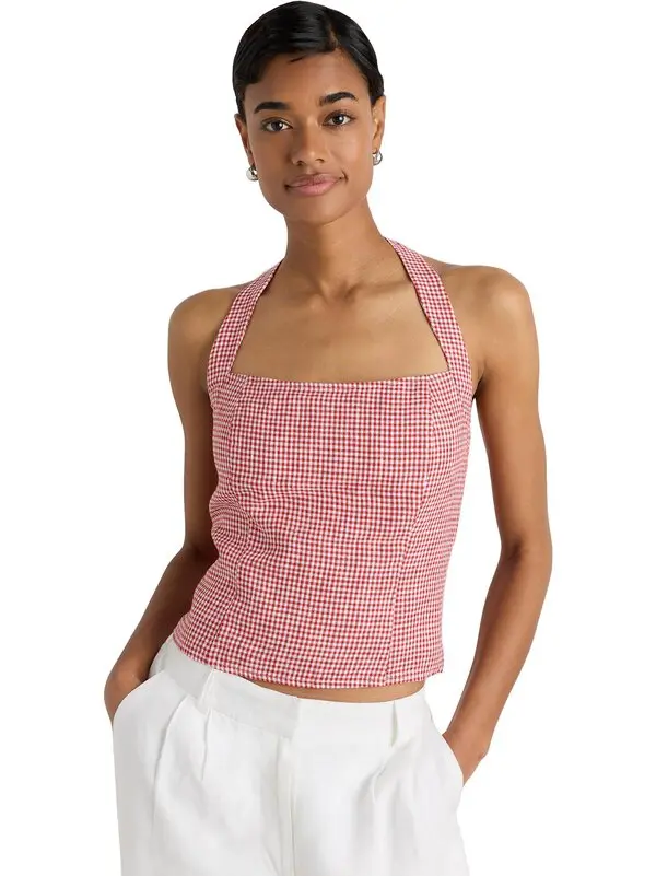 Quince 100% European Linen Halter Top - Red Classic Mini Gingham
