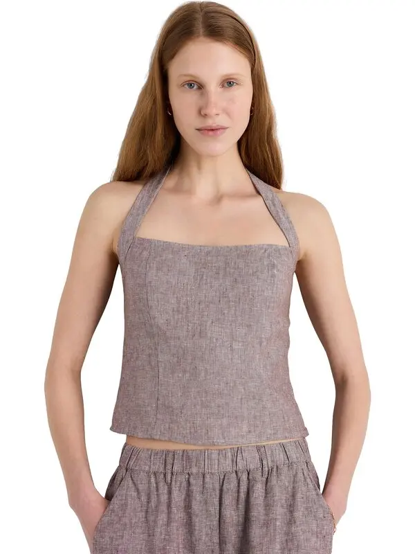 Quince 100% European Linen Halter Top - Taupe Brown Chambray