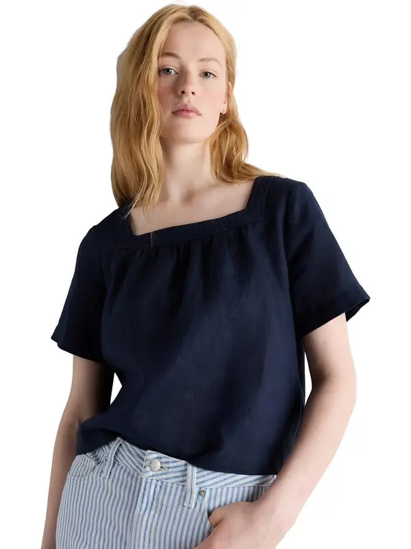 Quince 100% European Linen Square Neck Swing Top - Deep Navy